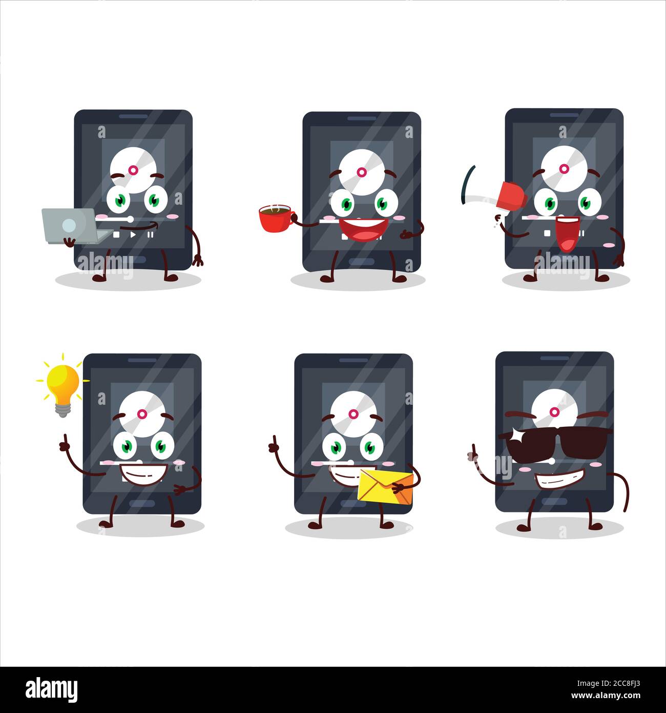 Ipod music cartoon character with various types of business emoticons ...