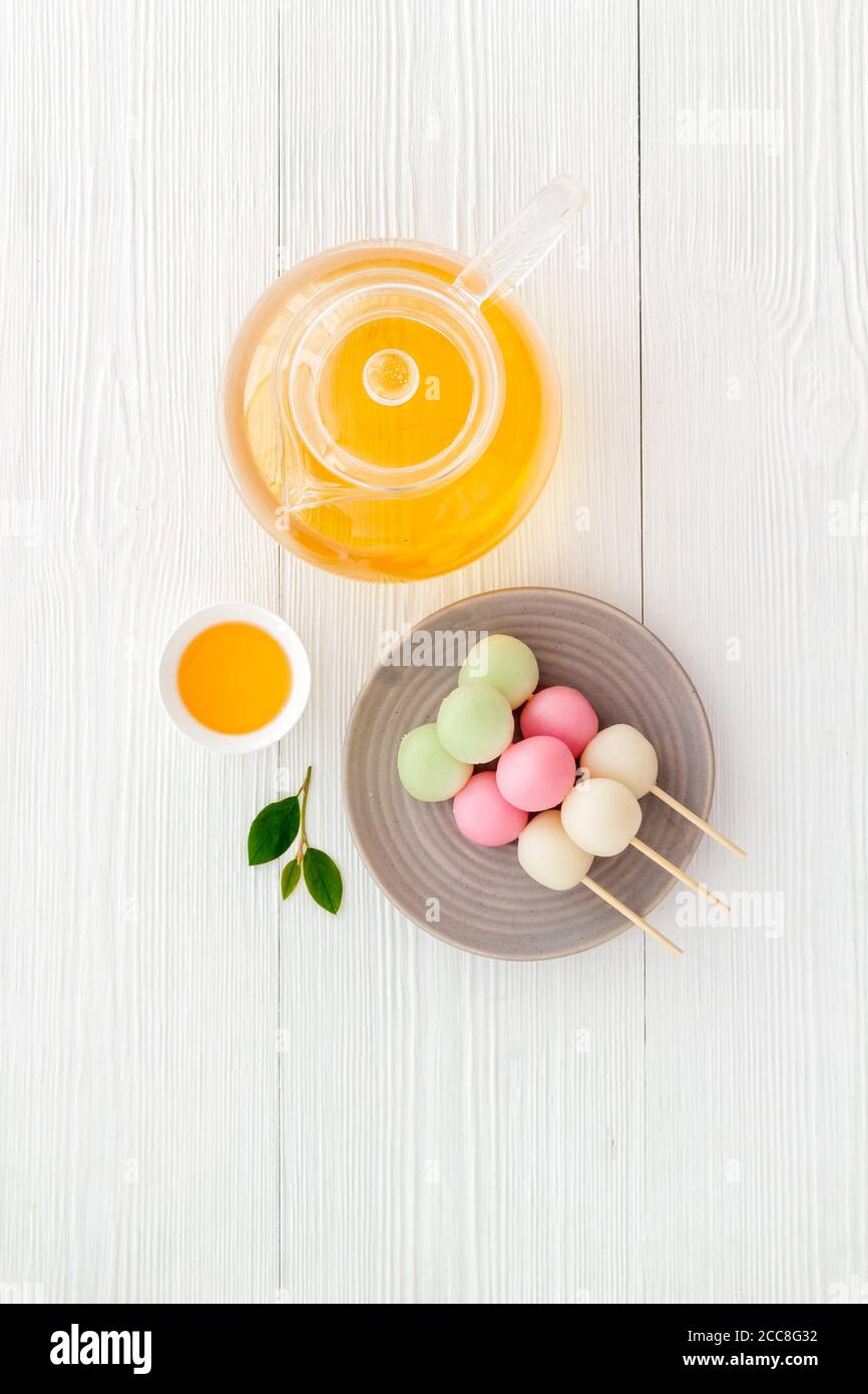Japanese dessert - Dango dumpling - with tea, top view Stock Photo - Alamy