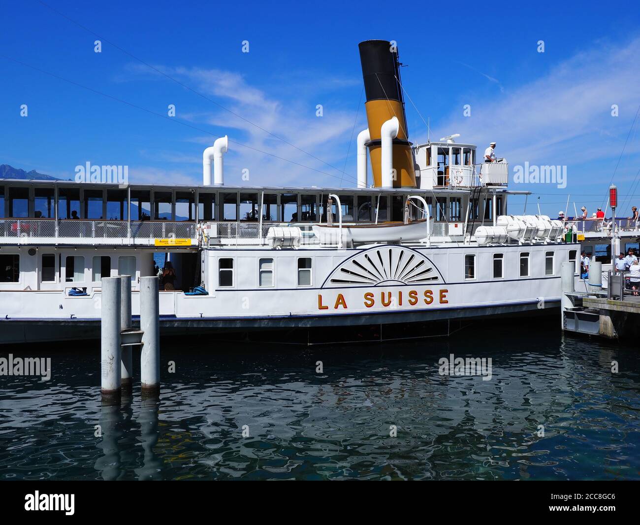 Steam boat on Geneva Lake in Montreux city in Switzerland Stock Photo ...