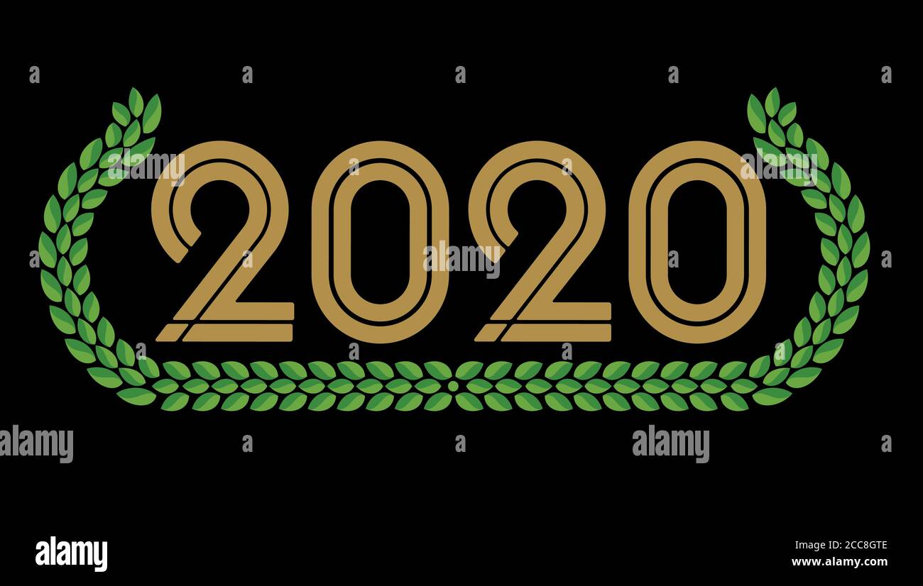 Year 2020 into a green laurel wreath. Isolated. Vector illustration ...