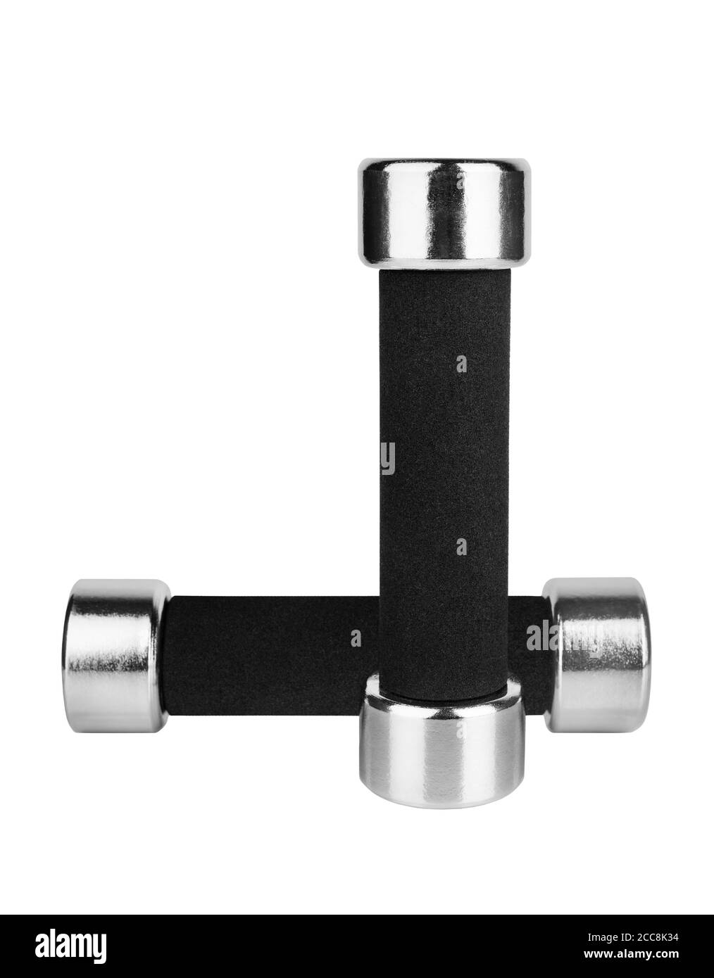 Two dumbbells on white background isolated close up, metal barbells ...