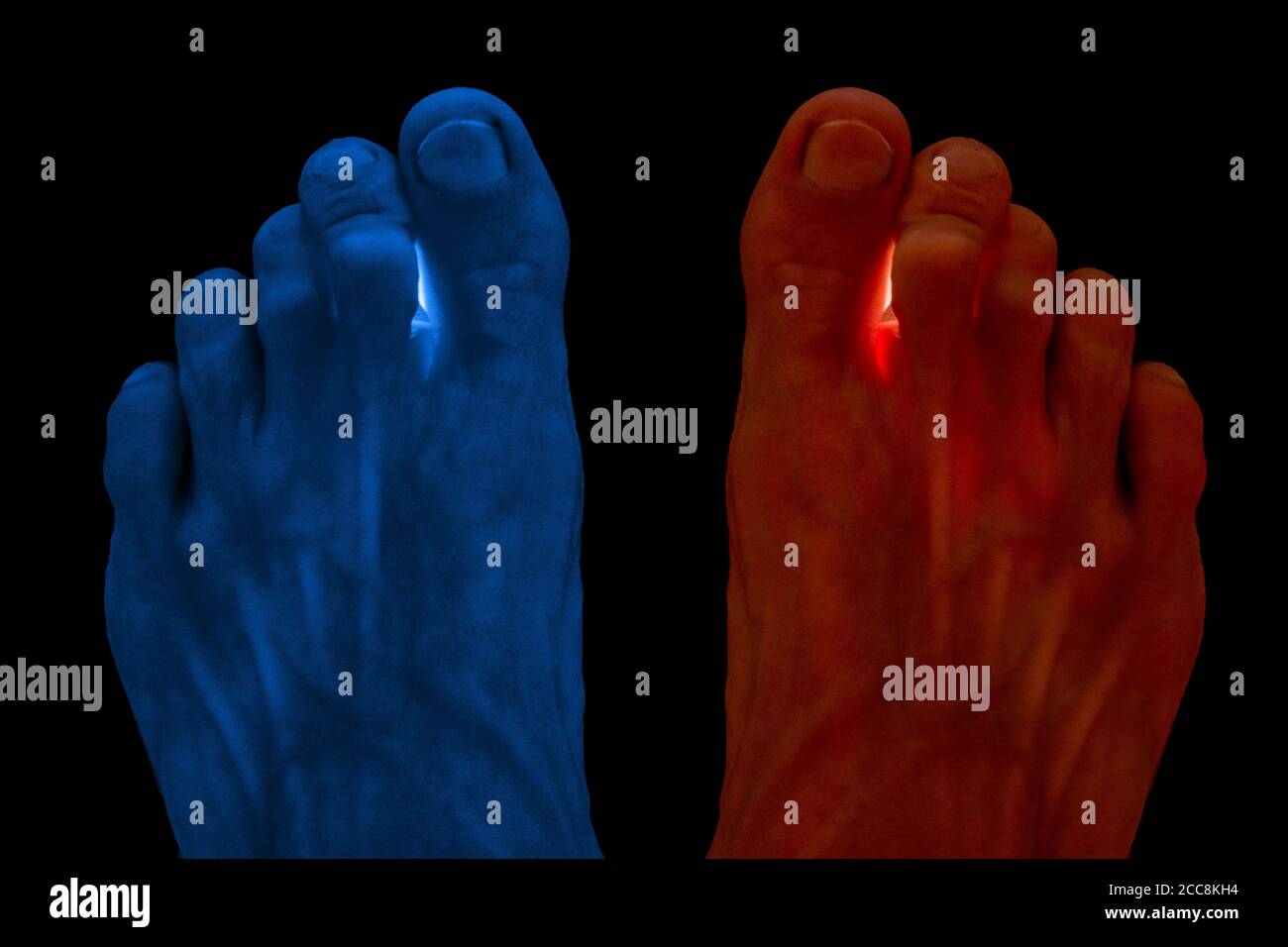 Abstract background of blue and red feet isolated on black background ...