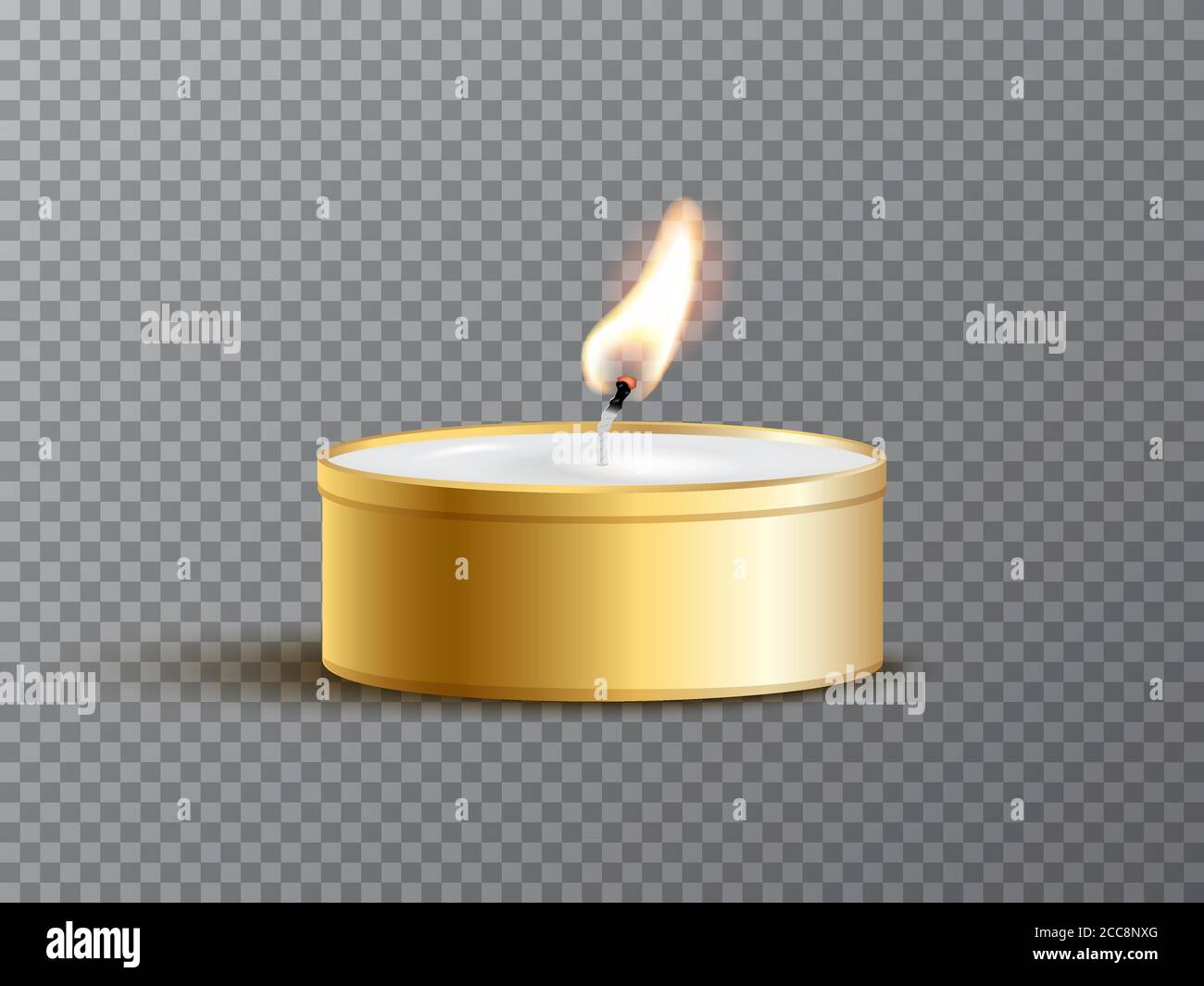Realistic isolated golden tea candle with burning flame on transparent background. Vector design ...