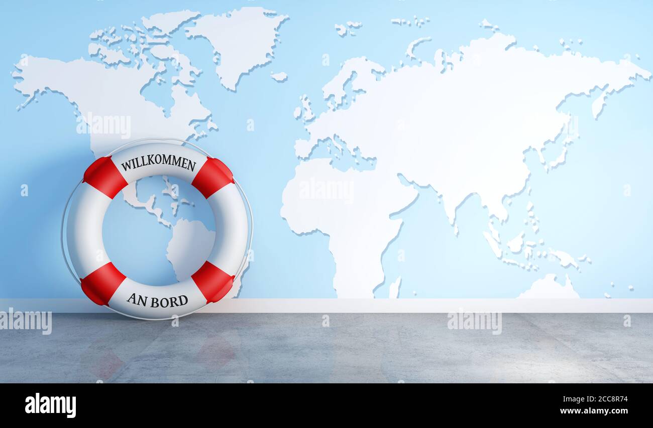 Ring lifebuoy on a blue background with a world map Stock Photo - Alamy