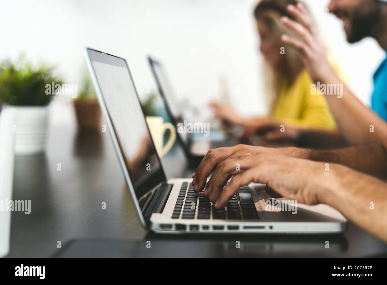 Young friends working together inside co-working creative space ...