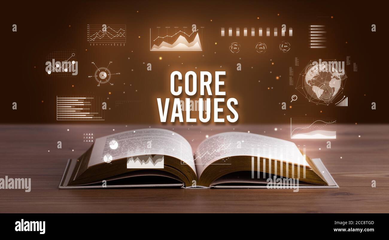 CORE VALUES inscription coming out from an open book, creative business ...