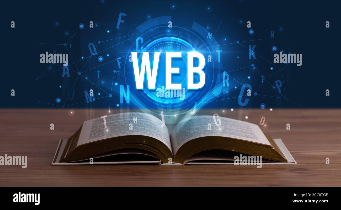 WEB inscription coming out from an open book, digital technology ...