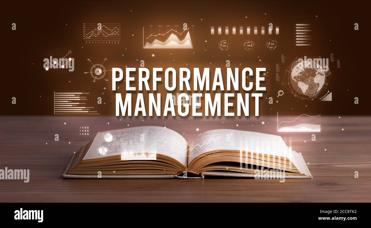 PERFORMANCE MANAGEMENT inscription coming out from an open book ...
