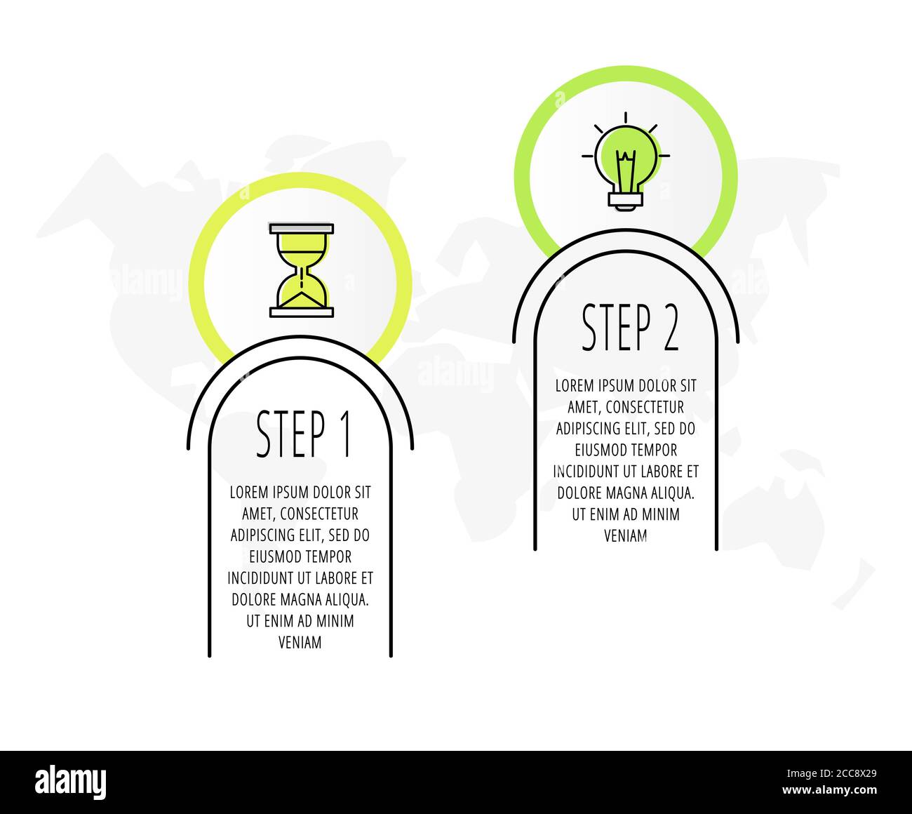 Infographics circles with 2 steps, icons. Flat line vector template. Can be used for two ...