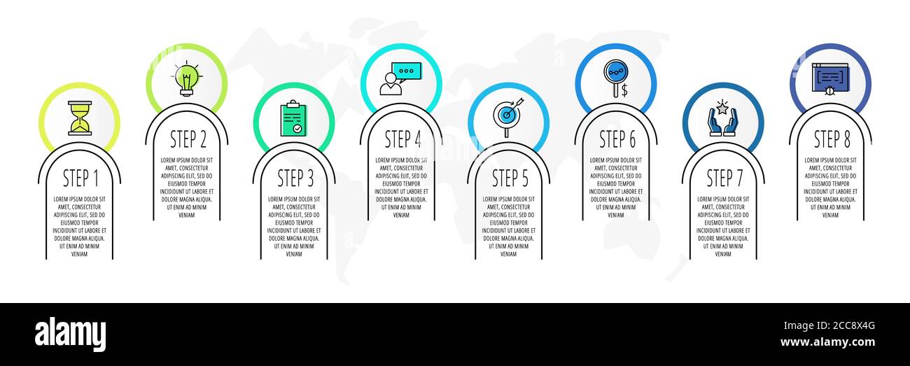 Infographics circles with 8 steps, icons. Flat line vector template ...