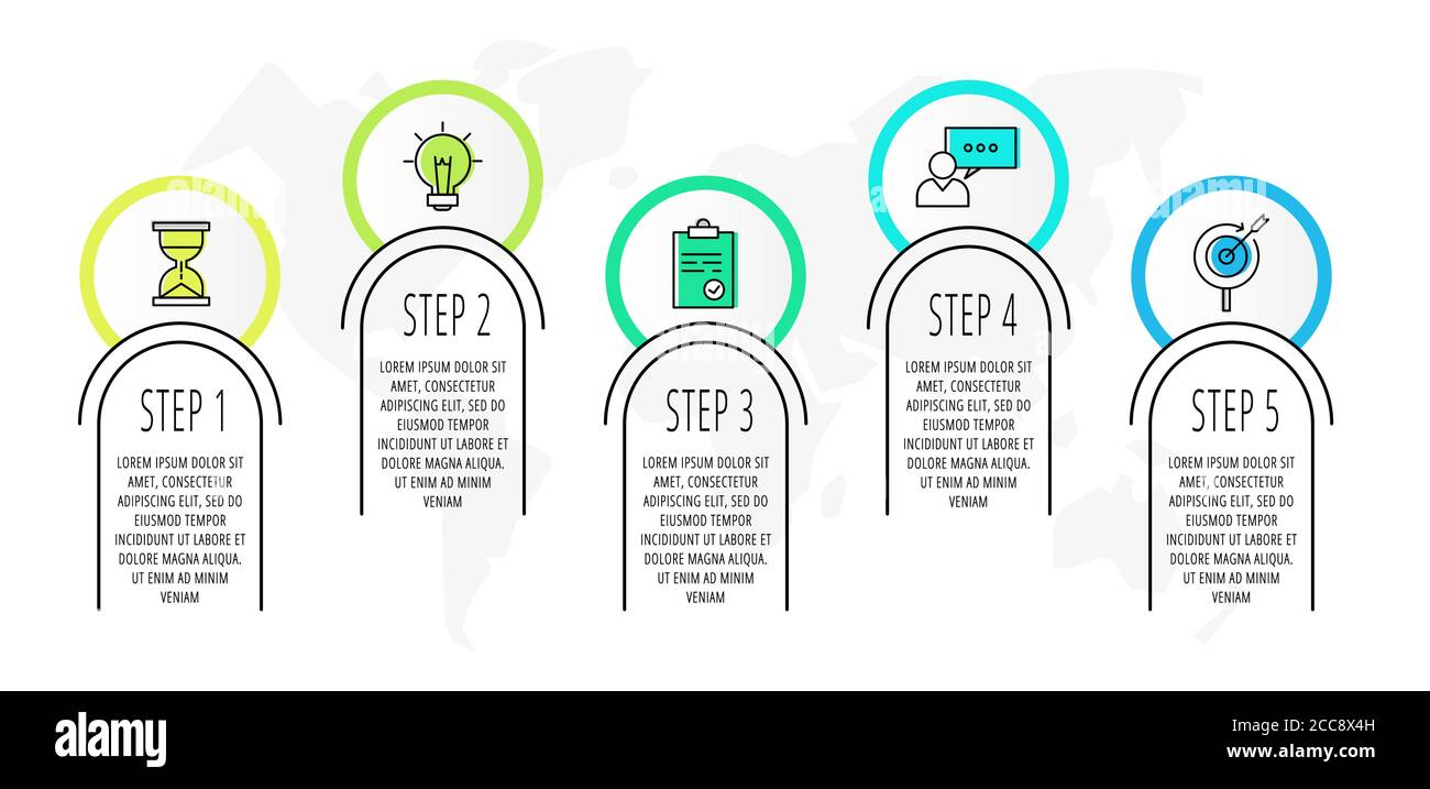 Infographics circles with 5 steps, labels. Flat line vector template. Can be used for five ...