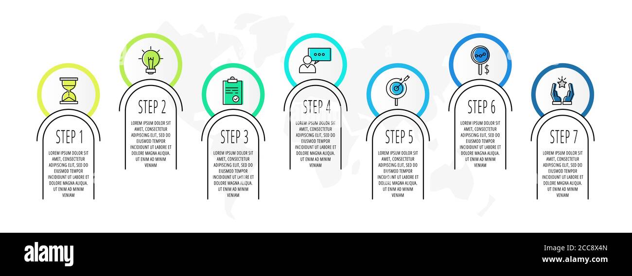Infographics circles with 7 steps, icons. Flat line vector template ...