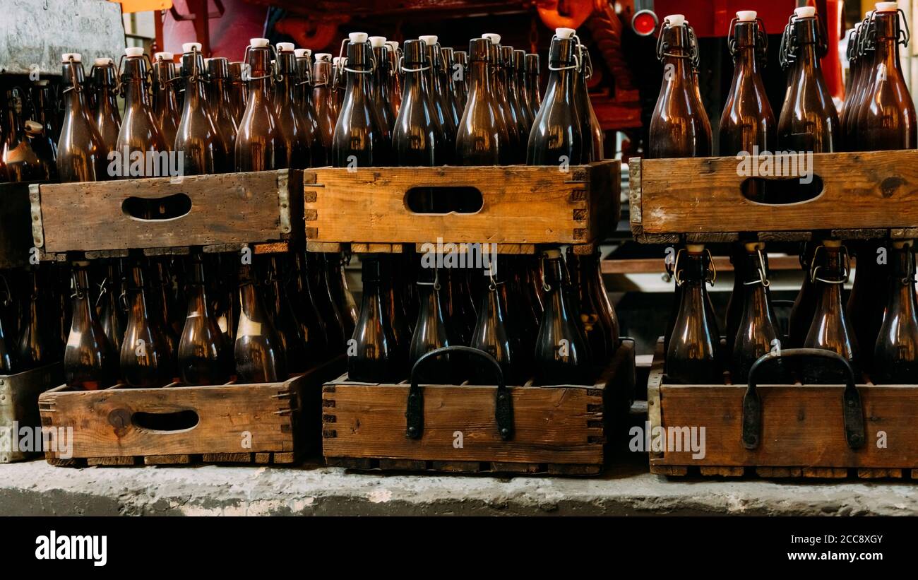 Old beer bottles in wooden boxes Stock Photo - Alamy