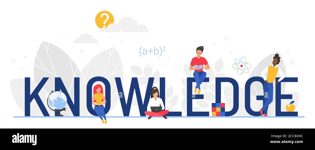 Knowledge word vector illustration. Cartoon flat tiny booklovers woman ...