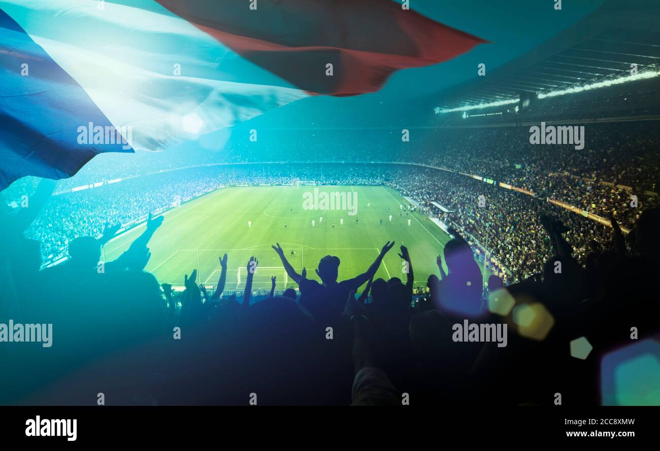 Soccer arena and french flag. Crowded football stadium with lens flare ...