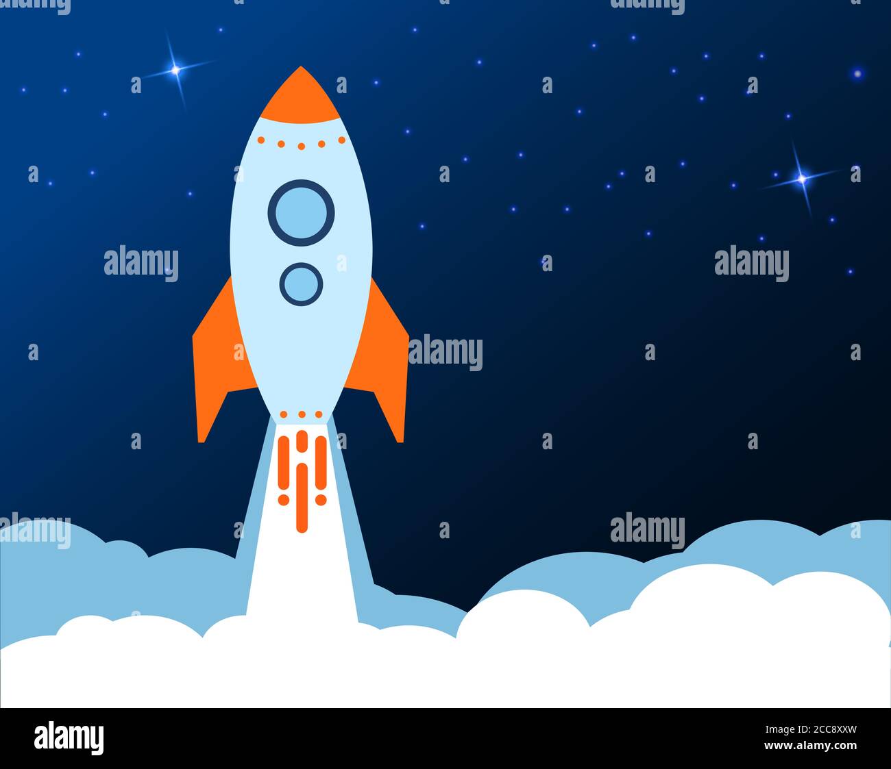 Blue rocket takes off into stars space in a cloud of steam. rocket ...