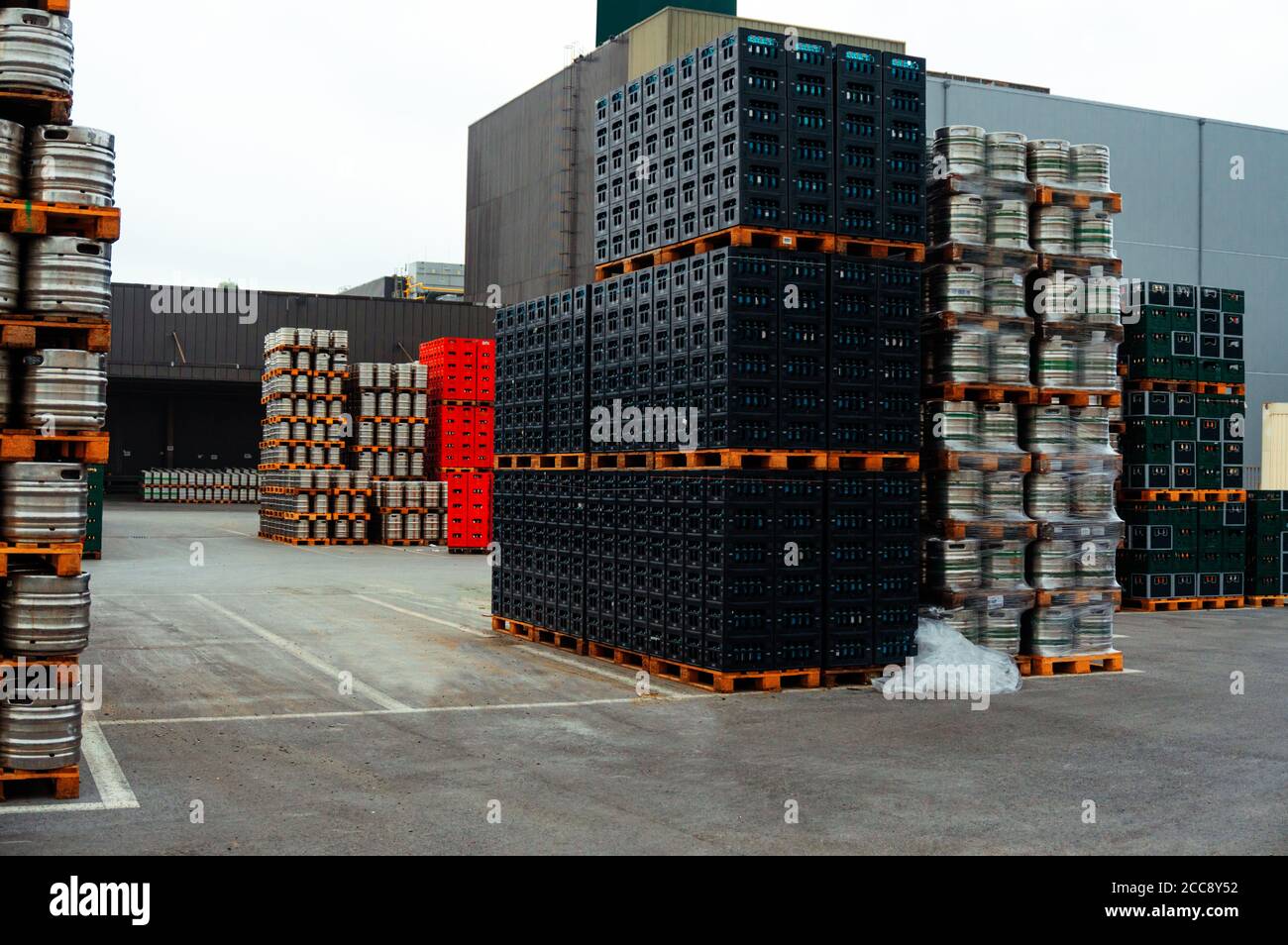 Germany Brewery. Pallets of beer kegs in stock outdoor brewery Stock ...