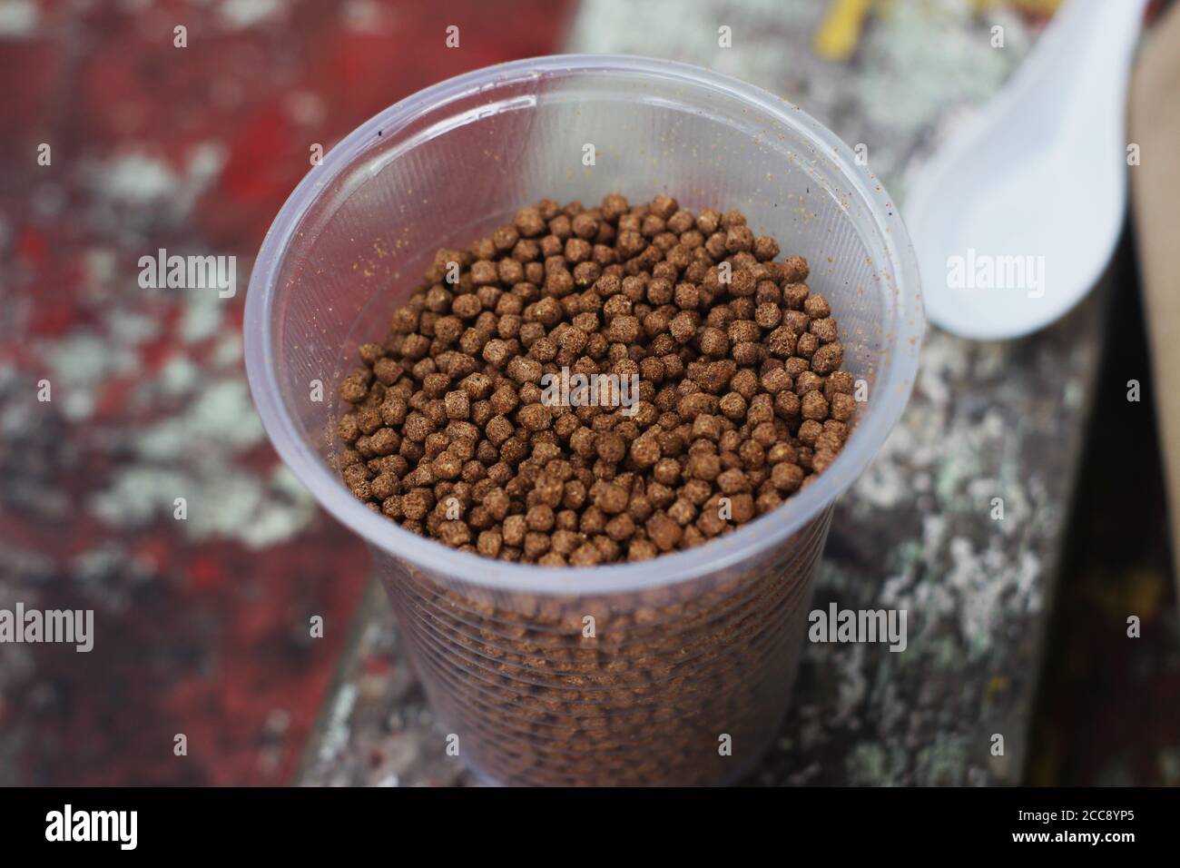 Fish food inside the plastic cup Stock Photo - Alamy