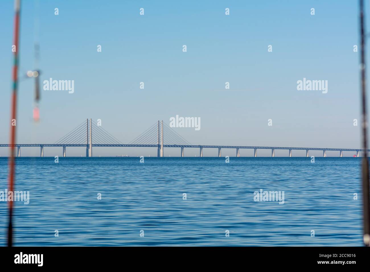 The Oresund bridge linking Denmark with Sweden. Clear blue sky and a ...