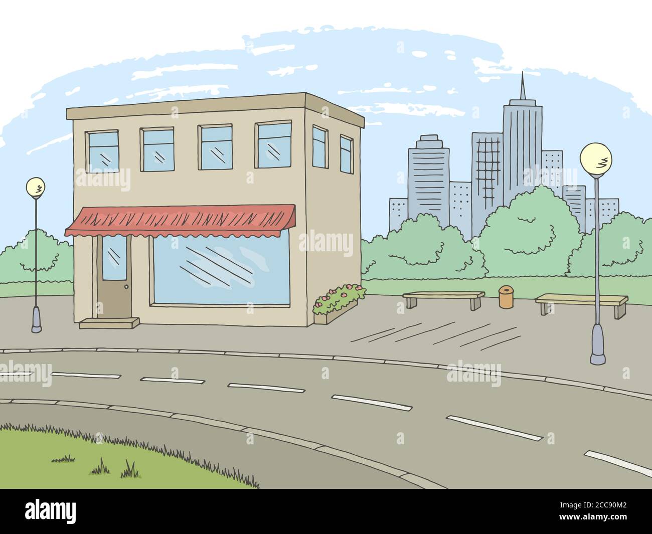 Street road graphic color city landscape sketch illustration vector ...