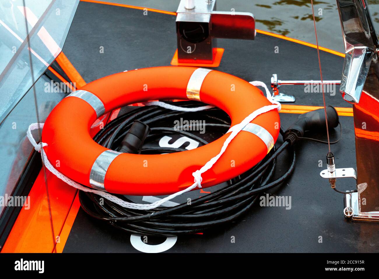 Lifebuoy on boat in Amsterdam. June 2019 Stock Photo - Alamy