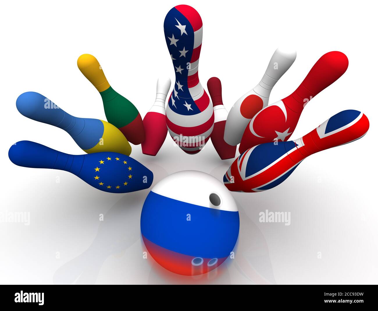 Bowling Ball in colors of the flag of Russia breaks the skittles with a ...