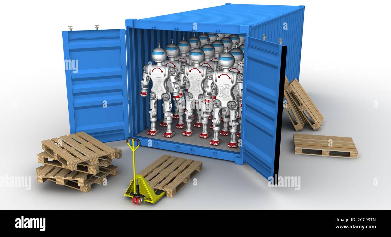 Cyborgs in a shipping container. A large number of robots standing in ...