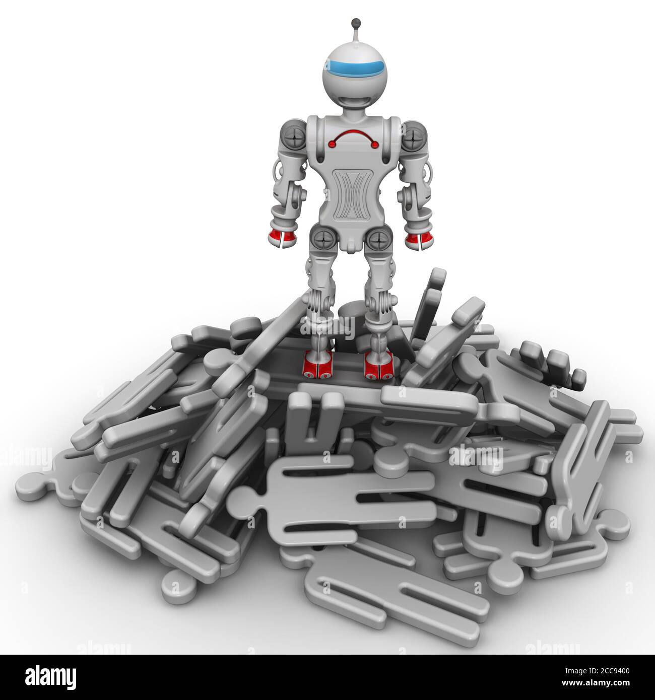 Cyborg-winner on a pile of fallen people. The robot is a winner at the ...