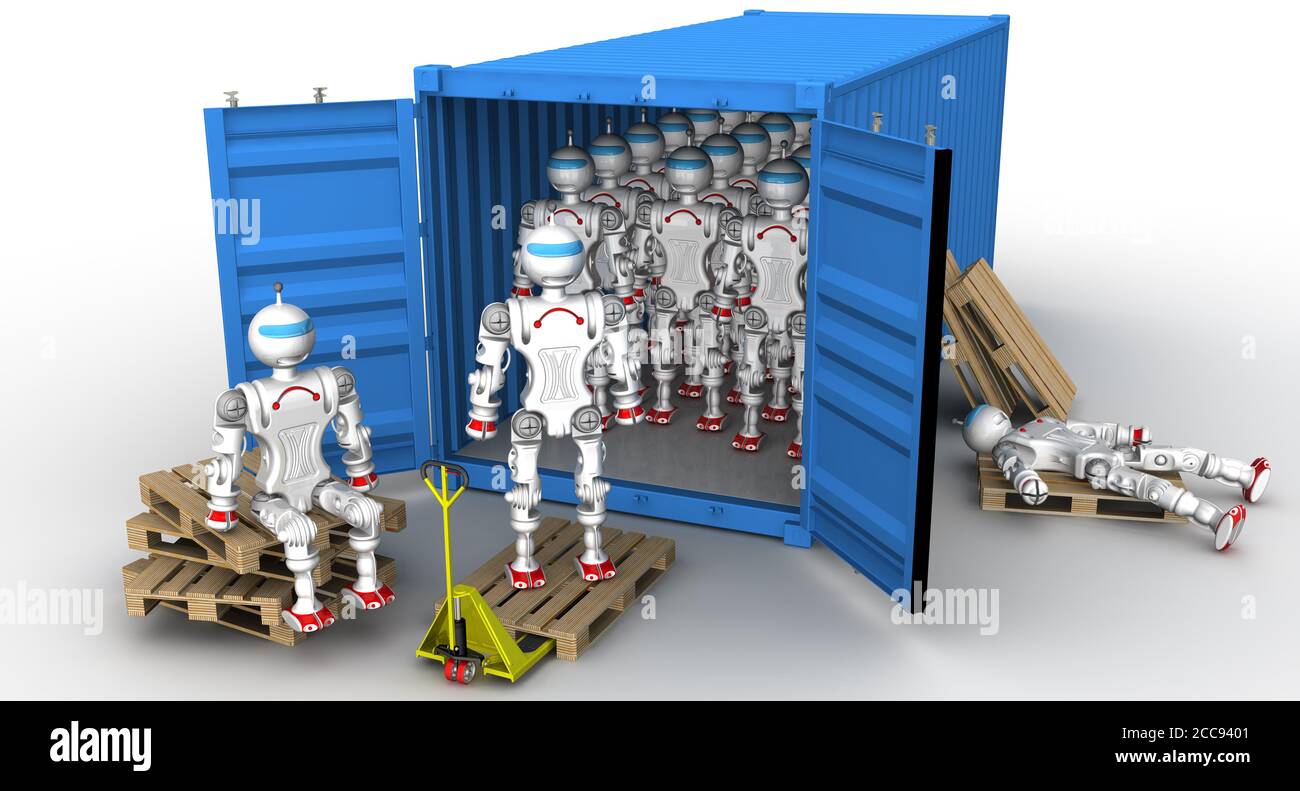Robots in the cargo container. Lots of robots standing in an open ...