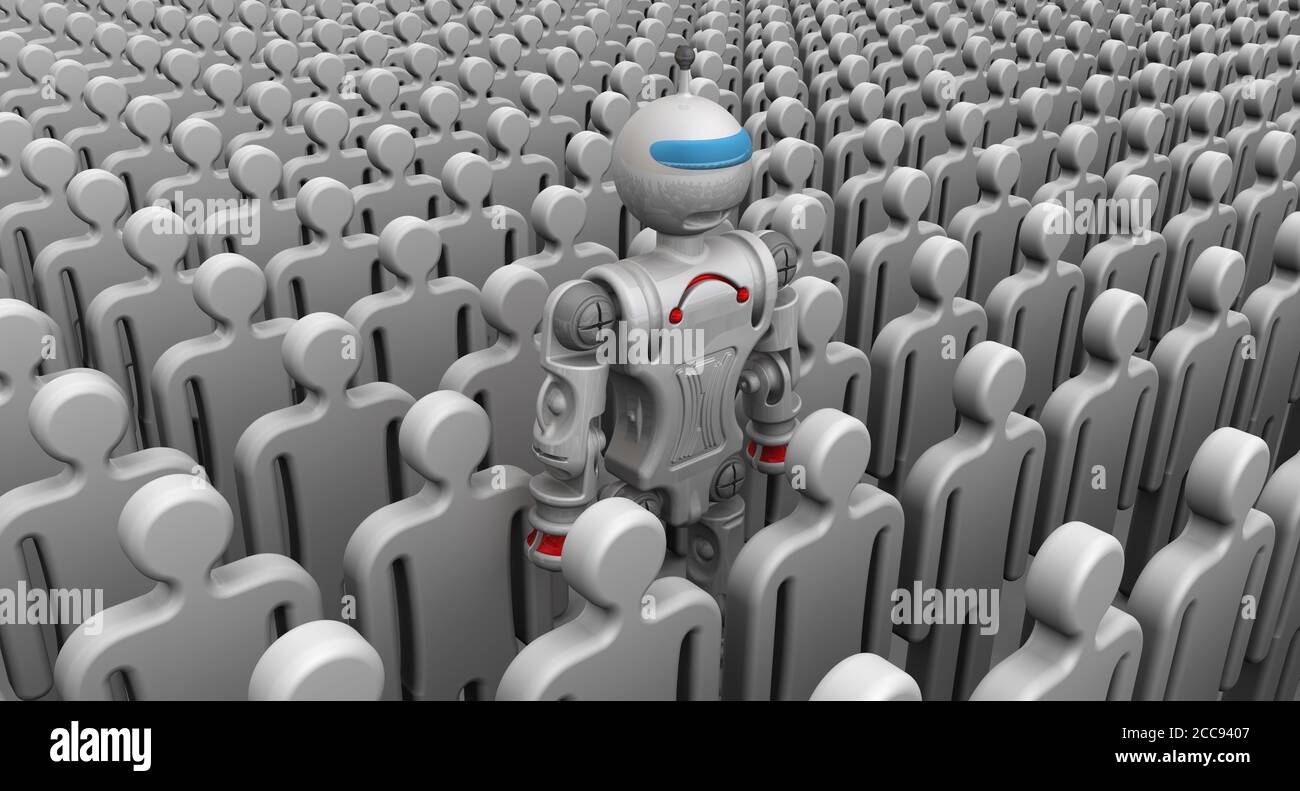 Cyborg among people. Humanoid robot among a large number of symbolic ...