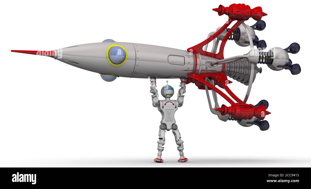 Cyborg with rocket. The robot picked up the rocket and keeps it on ...