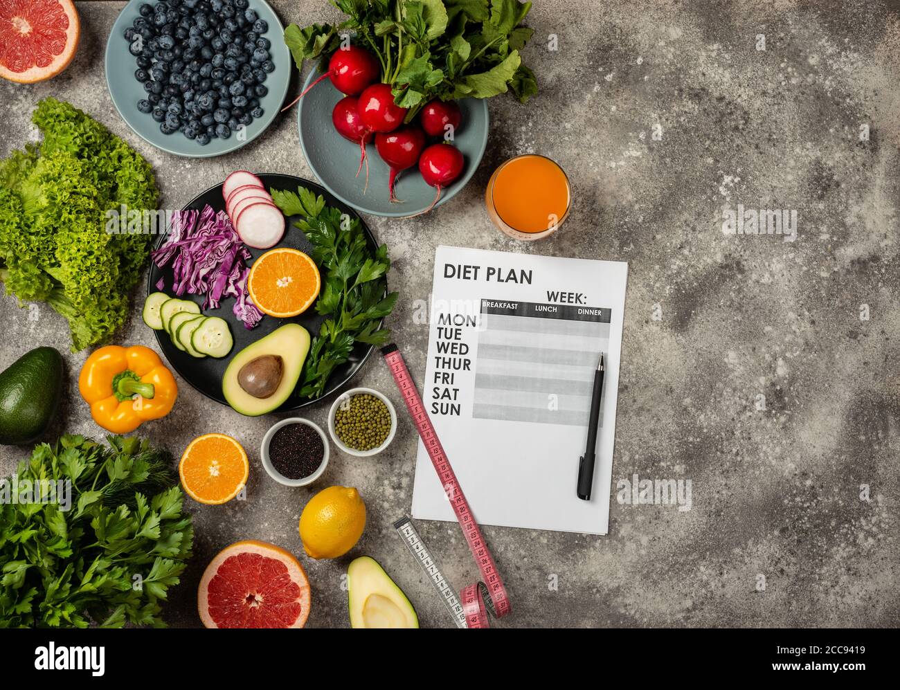 Diet plan and set healthy food products. Top view Copy space Stock ...