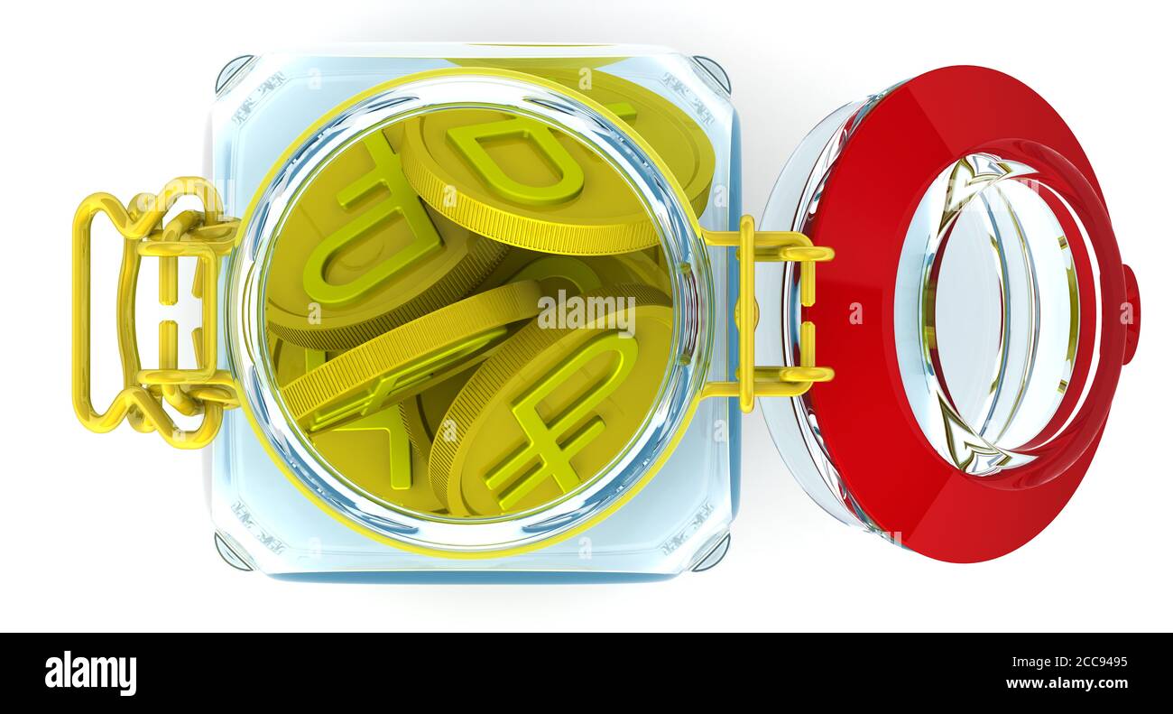 Piggy bank with Russian currency coins. Open glass Jar for canning with ...