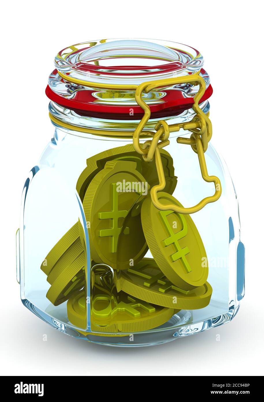Piggy bank with Russian currency coins. Glass Jar for canning with ...
