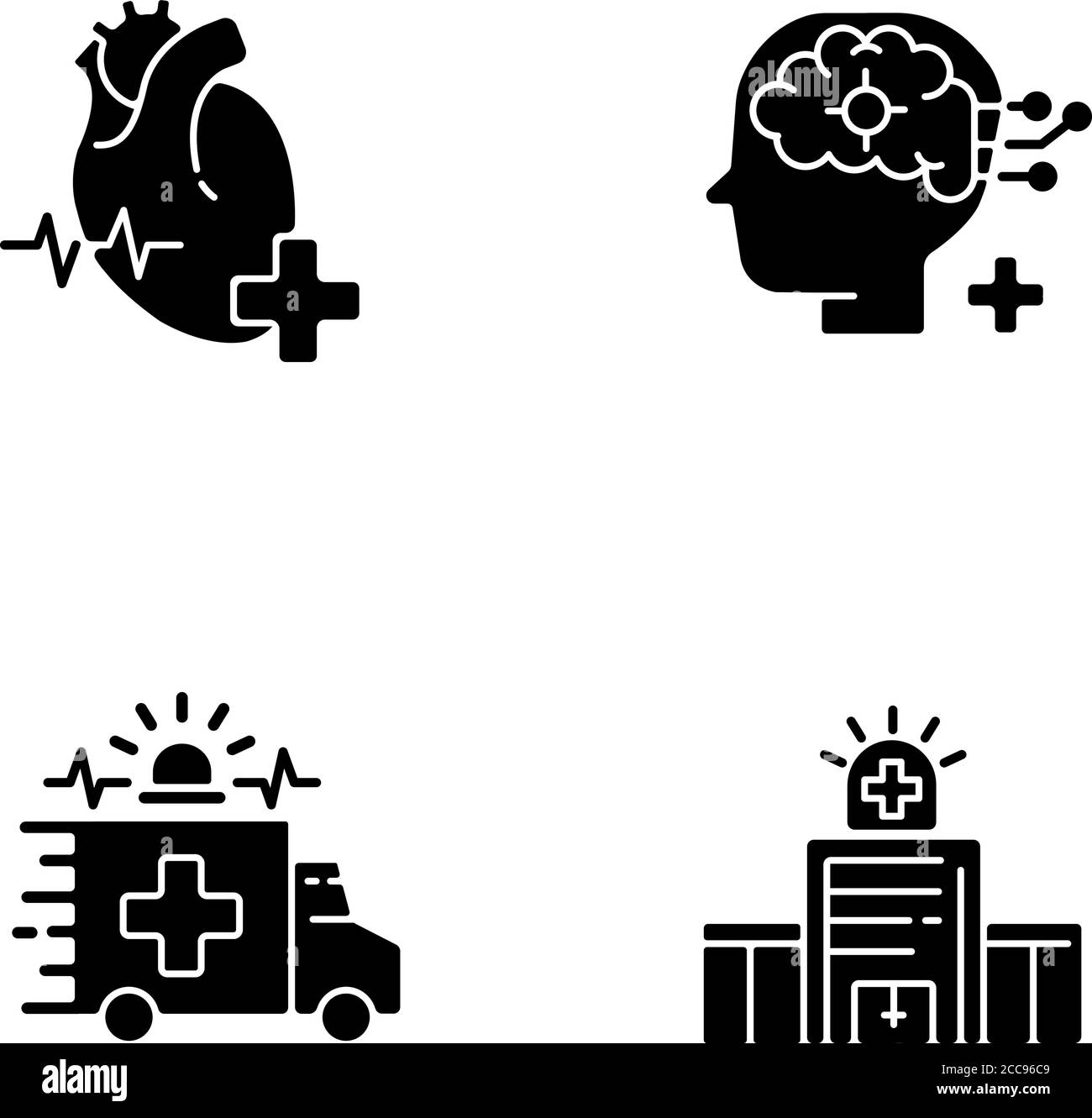 Urgent health care black glyph icons set on white space Stock Vector ...