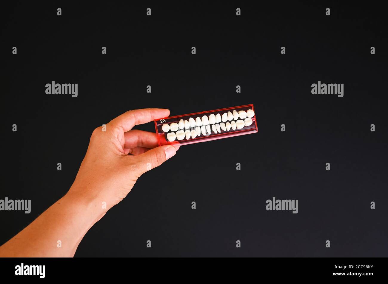 Palette with shades of teeth. Dental samples of tint teeth. Girl ...