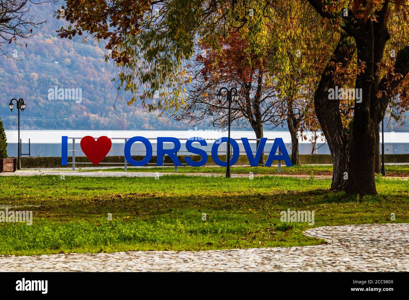 Entrace of a park, text i love Orsova . Orsova, Romania, 2020 Stock ...