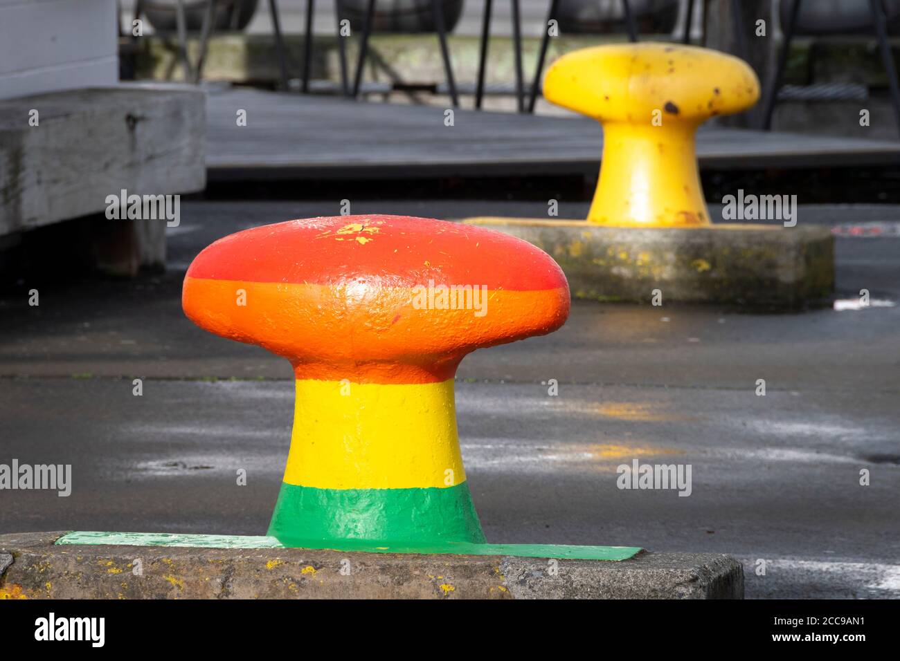 Rainbow bollards on wharf, Wellington waterfront, North Island, New ...