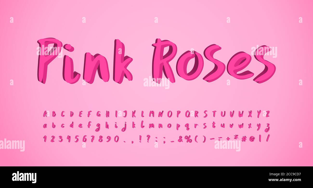 Art style alphabet pink roses colors. Hand drawn paint brush font ...