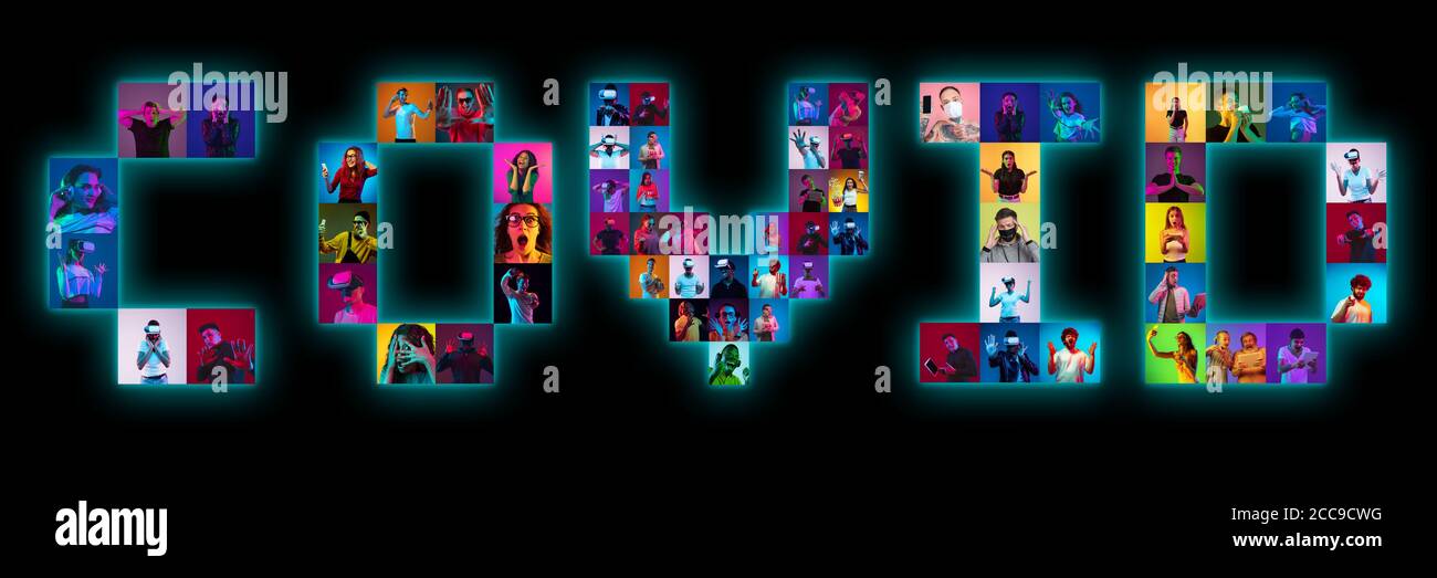 Collage of portraits of 19 young emotional people on multicolored ...