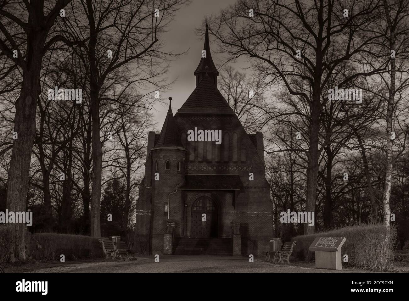 cemetery chapel at Night, chapel, trees, Sepia Photo, Black and White ...