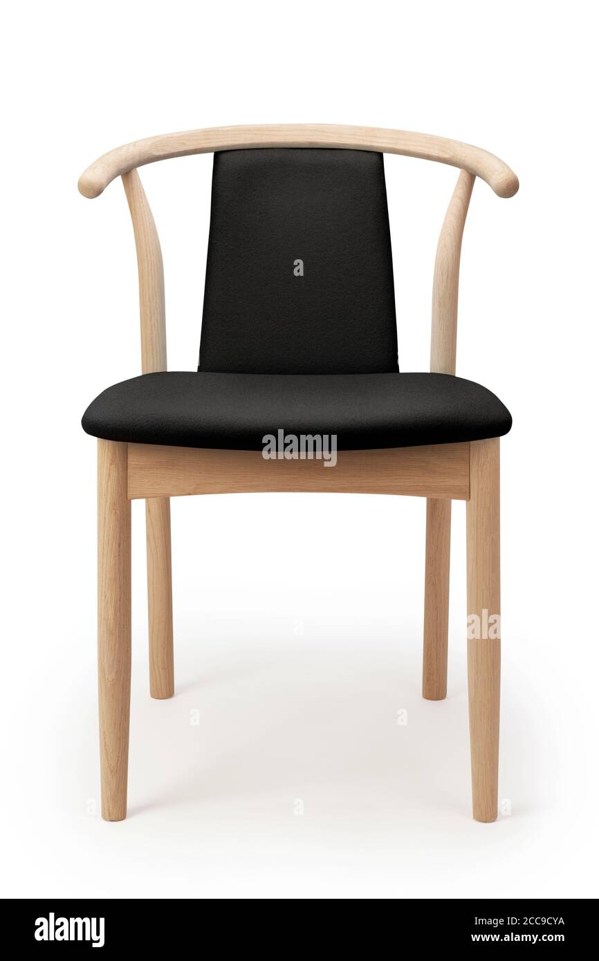 Front view of wooden chair with black textile seat Stock Photo - Alamy