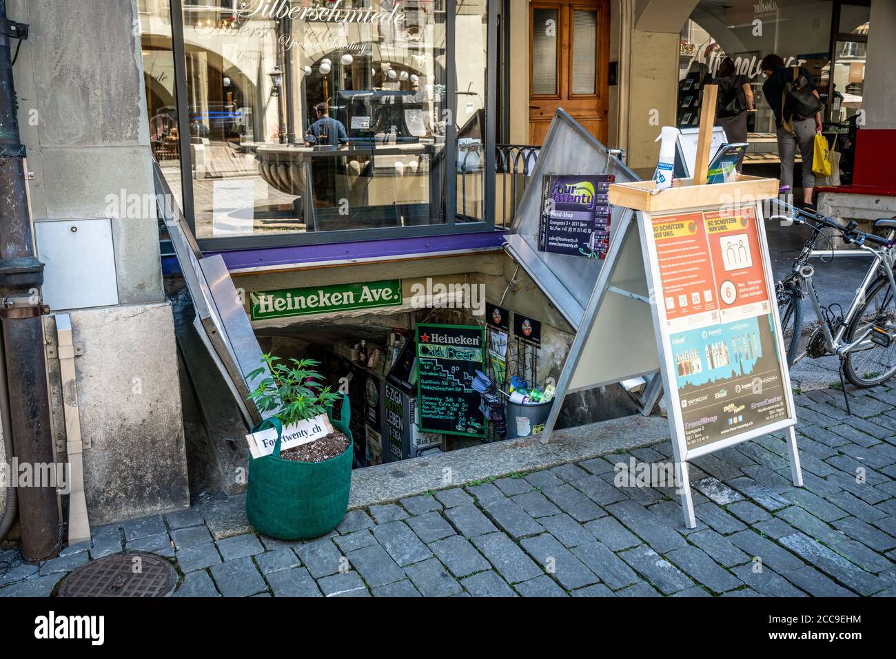 Bern Switzerland , 27 June 2020 : Entrance of an underground bar and ...