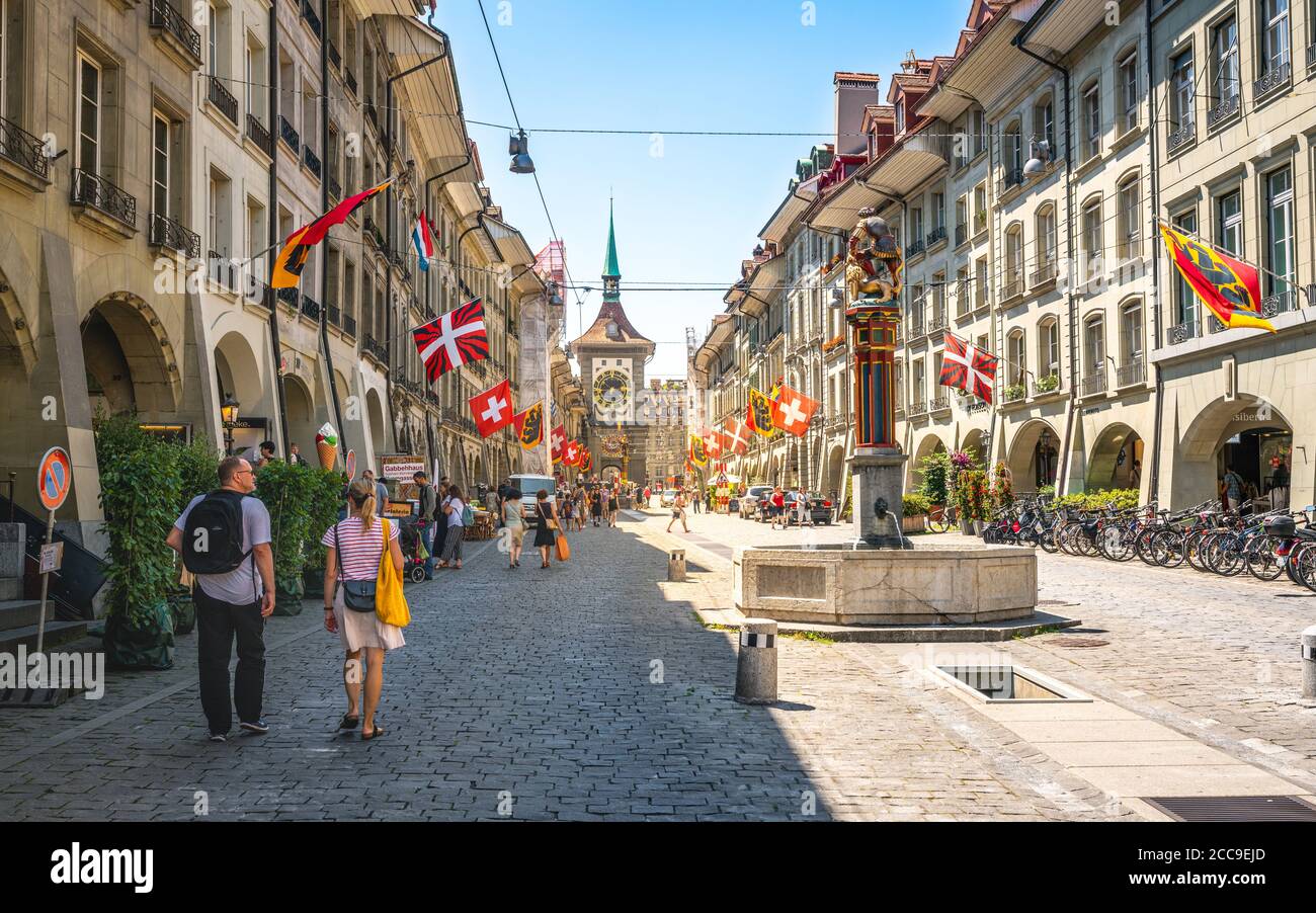 Bern Switzerland , 27 June 2020 : Tourists in old Kramgasse street with ...