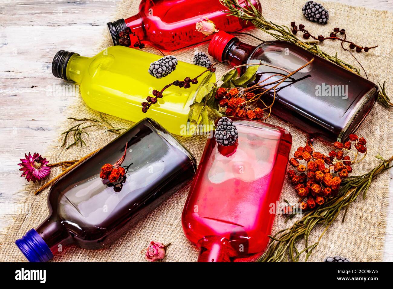 Homemade assortment of berries liqueurs or tincture. Sweet mountain ...