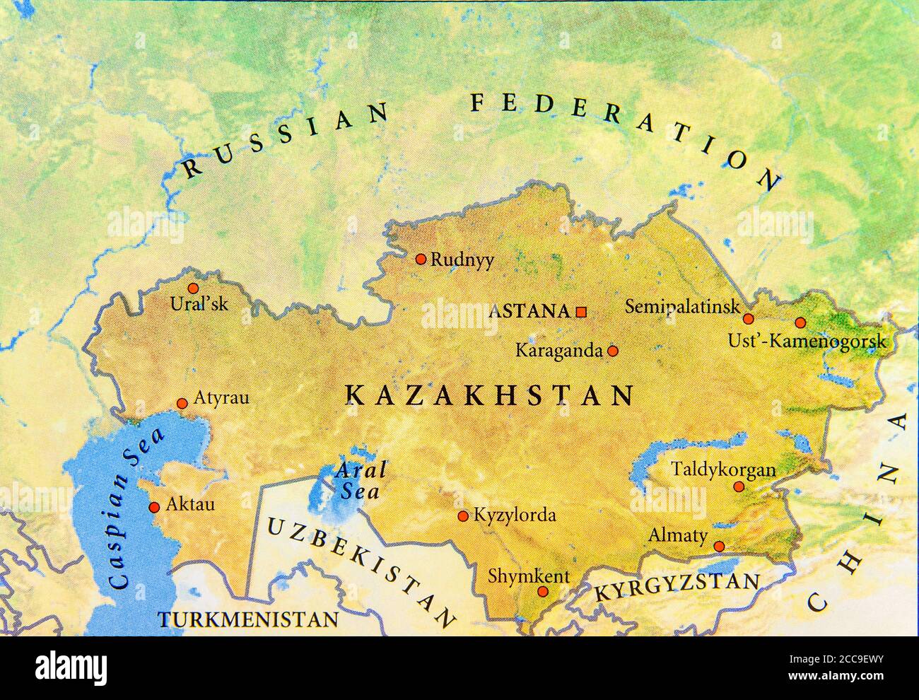 Geographic map of Kazakhstan with important cities and other ...