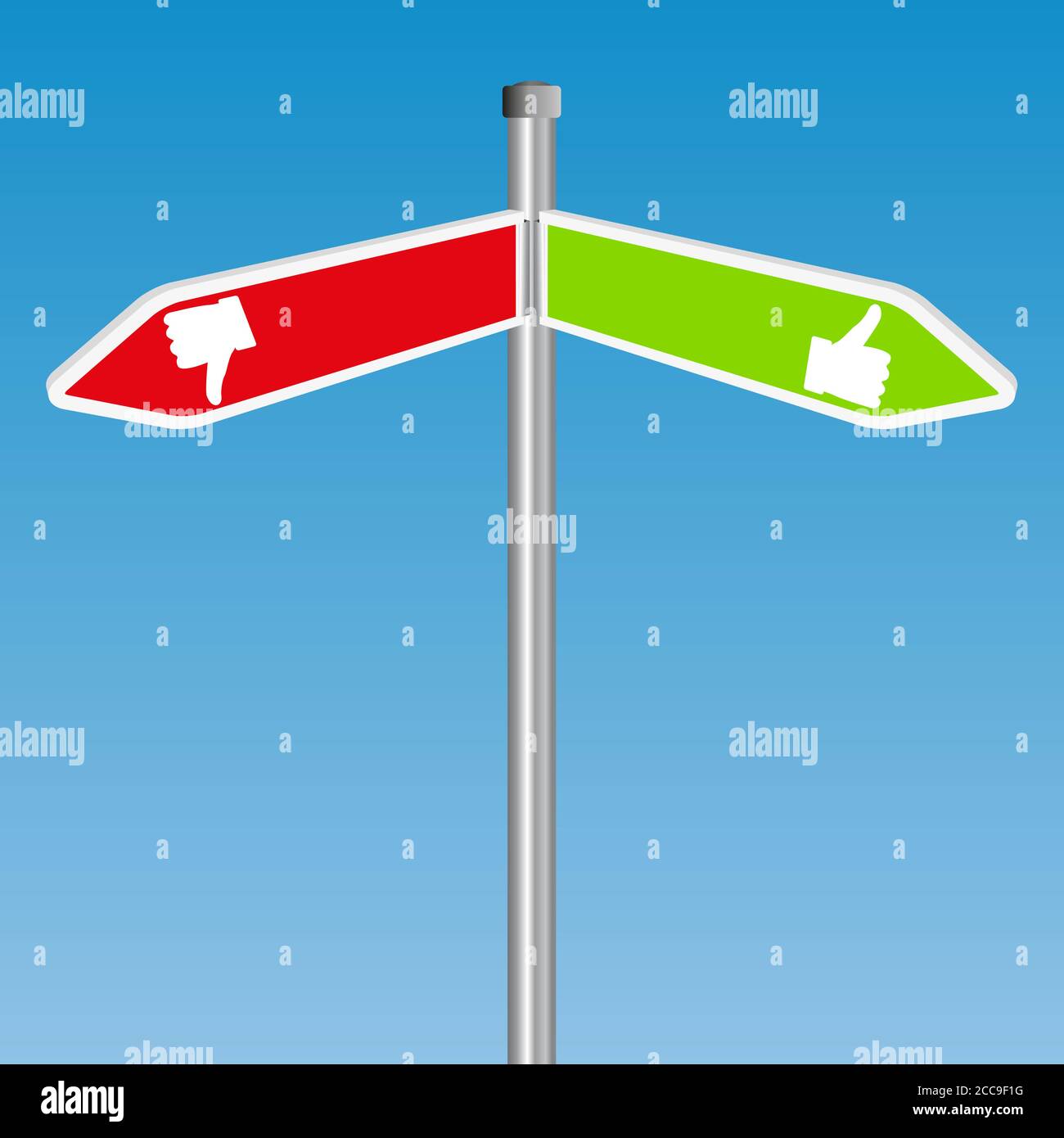 Illustration of two signs pointing in opposite directions on a blue ...