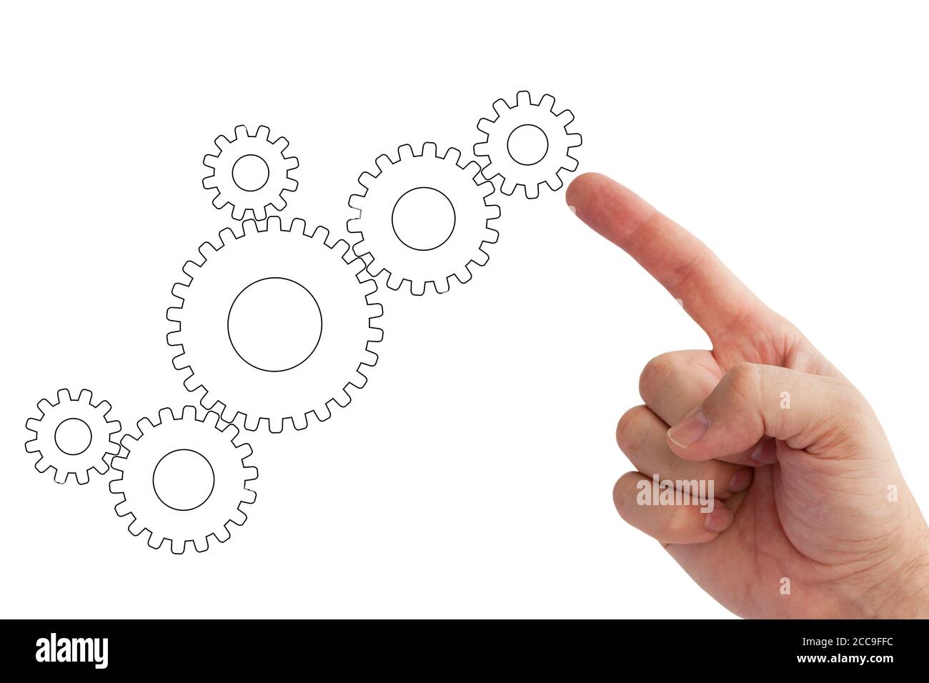 Illustration of a person's hand pointing to machine gears on a white ...