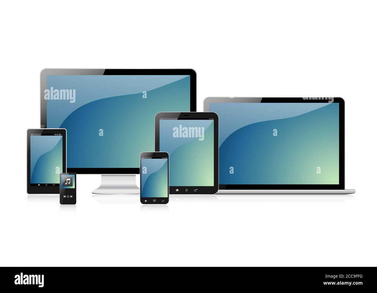 Illustration of a computer, a laptop, tablets and mobile phones ...