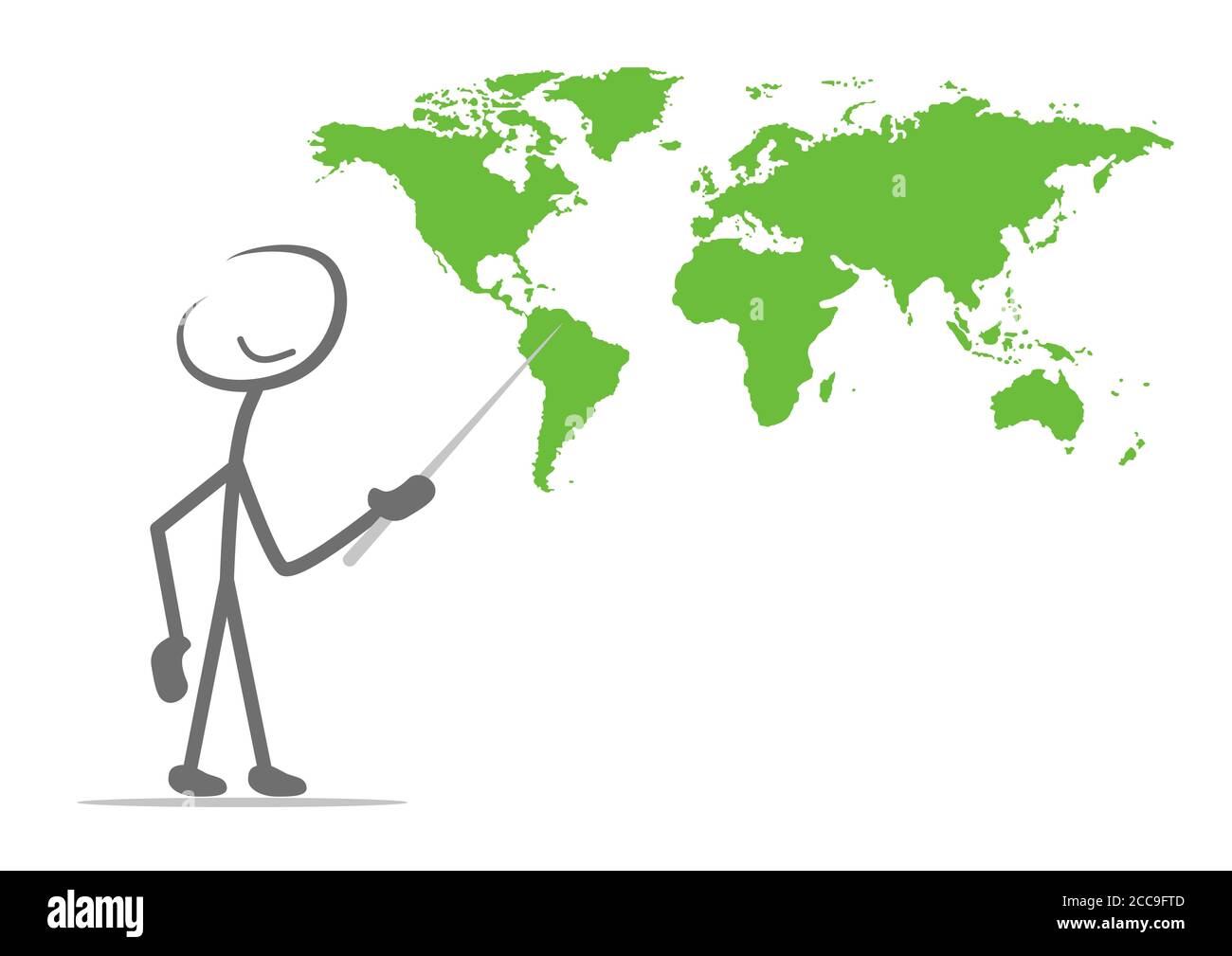 Person pointing at the green map of the world with a stick isolated on ...